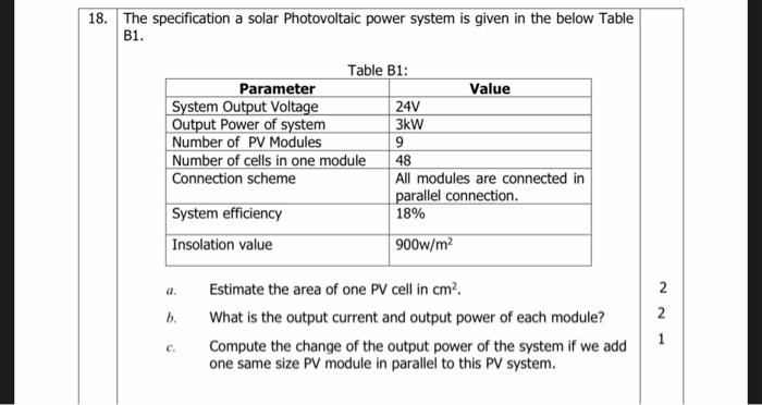 Solved 18. The specification a solar Photovoltaic power | Chegg.com