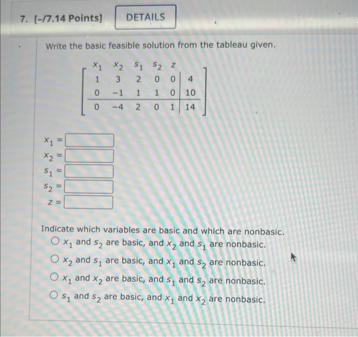 Solved Write the basic feasible solution from the tableau | Chegg.com