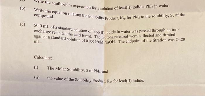 Solved brium expression for a solution of lead(II) iodide, | Chegg.com