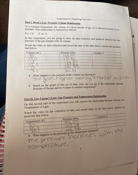 Solved и Experiment 6. Exploring Gas Laws Part I. Boyle's | Chegg.com