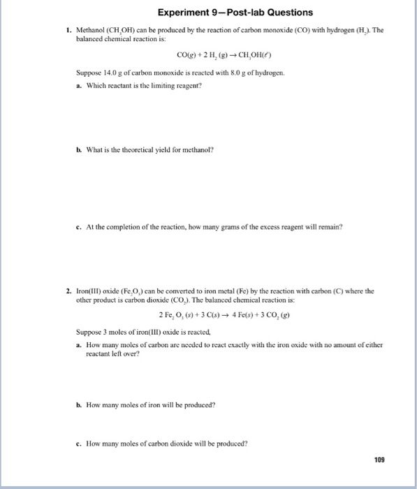Solved Experiment 9-Post-lab Questions 1. Methanol (CH-OH) | Chegg.com
