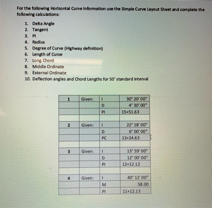 Solved For the following Horizontal Curve Information use | Chegg.com