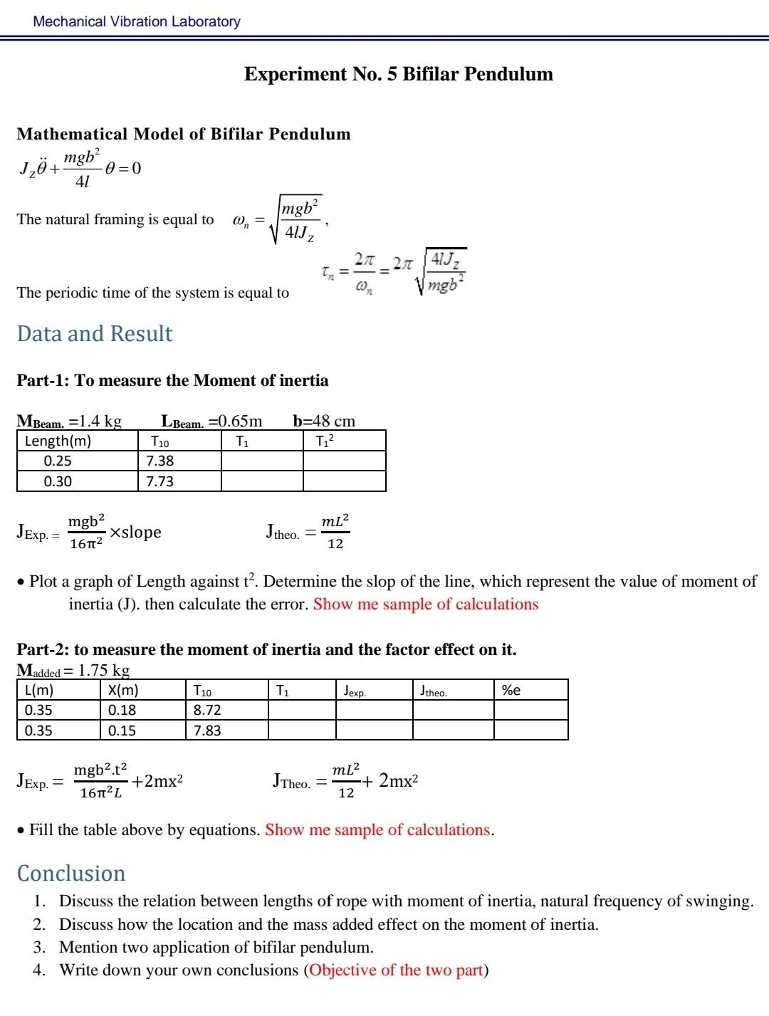Solved Experiment No. 5 Bifilar Pendulum Mathematical Model | Chegg.com