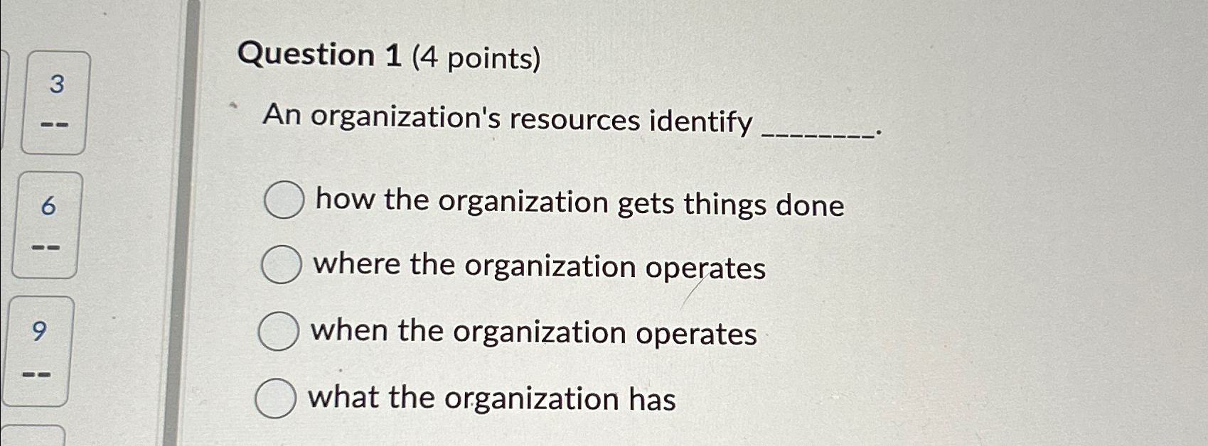 Solved Question 1 (4 ﻿points)An organization's resources | Chegg.com