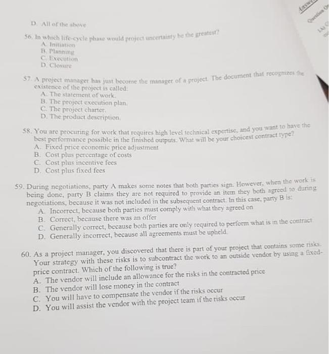 Solved 56. In which life-cycle phave would project | Chegg.com