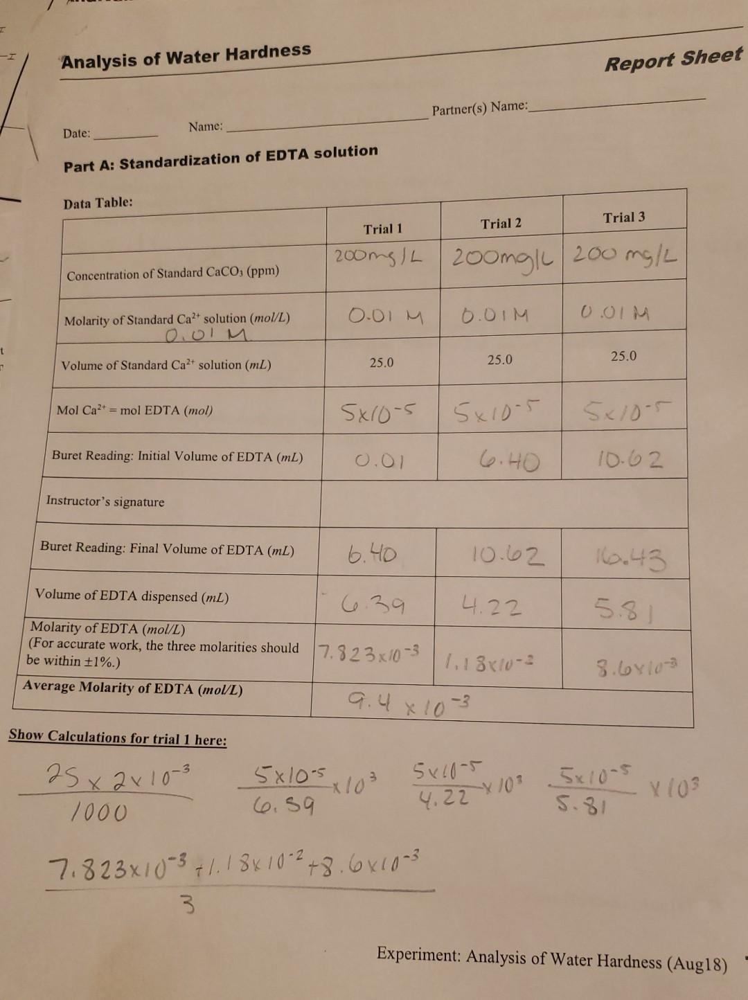 Solved Analysis of Water Hardness Report Sheet Partner(s) | Chegg.com