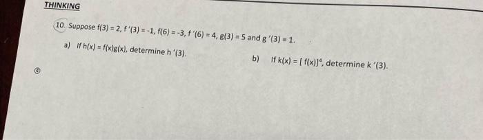 Solved 10. Suppose f(3)=2,f′(3)=−1,f(6)=−3,f′(6)=4,g(3)=5 | Chegg.com