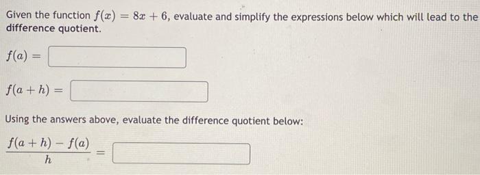 Solved Given the function f(x)=8x+6, evaluate and simplify | Chegg.com