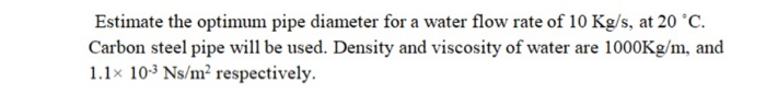 Solved Estimate the optimum pipe diameter for a water flow | Chegg.com