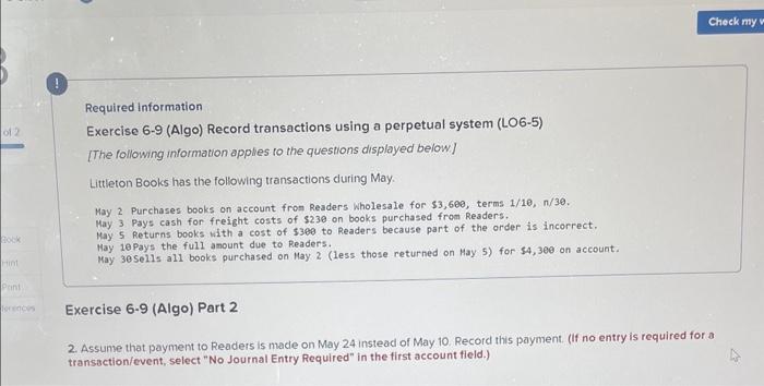 Solved Required Information Exercise 6 9 Algo Record