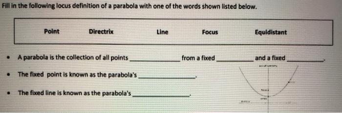 Solved Fill in the following locus definition of a parabola | Chegg.com