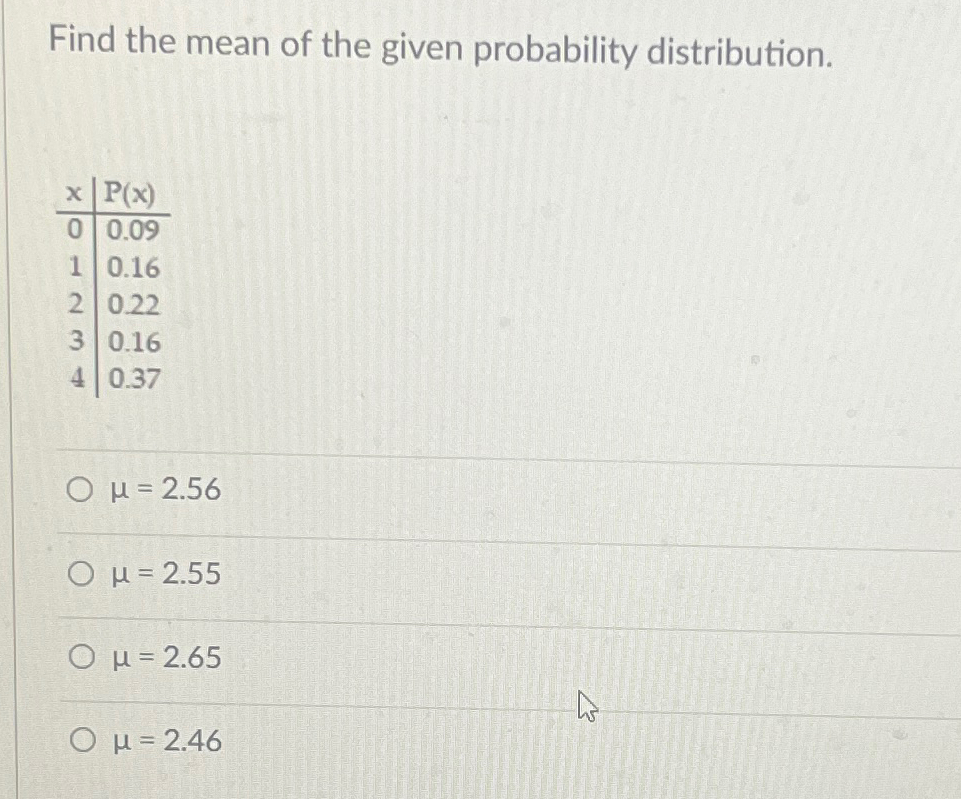 Solved Find the mean of the given probability | Chegg.com
