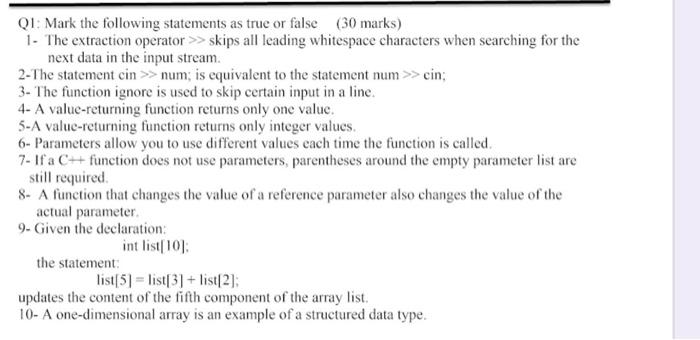 Solved QI: Mark the following statements as true or false | Chegg.com