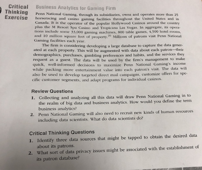 Solved Critical Thinking Exercise Business Analytics for | Chegg.com