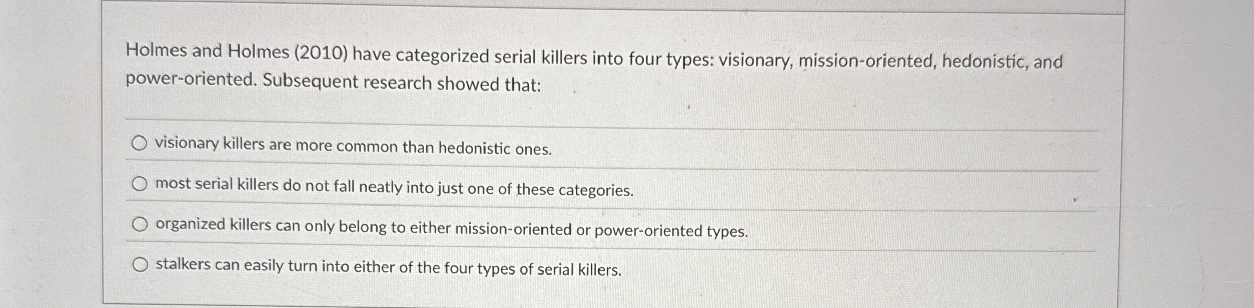 Solved Holmes and Holmes (2010) ﻿have categorized serial | Chegg.com
