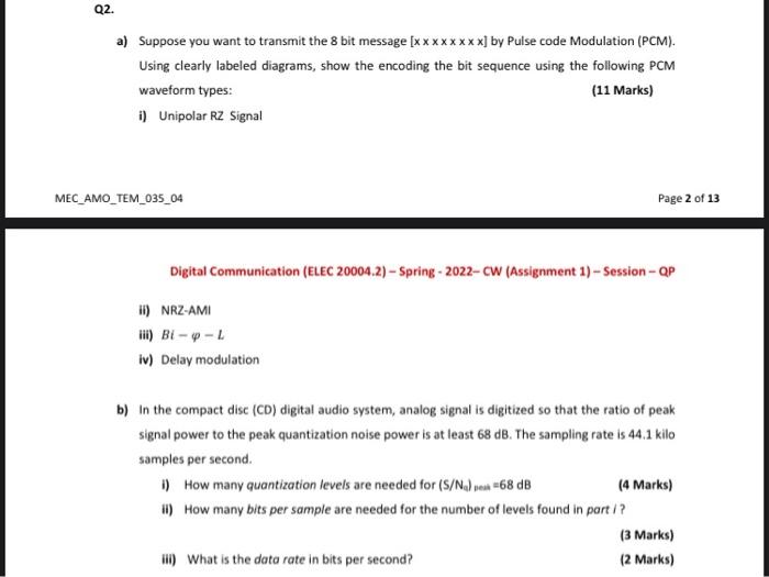 Solved Q2. a) Suppose you want to transmit the 8 bit message | Chegg.com