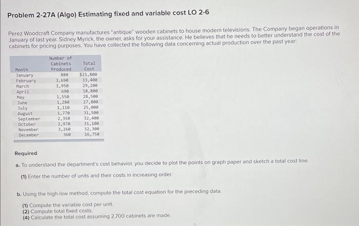 Solved Problem 2-27A (Algo) Estimating fixed and variable | Chegg.com
