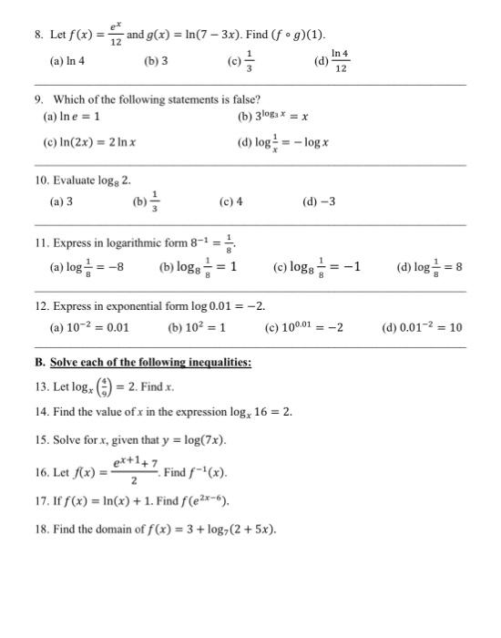 Solved 8. Let f(x)=12ex and g(x)=ln(7−3x). Find (f∘g)(1). | Chegg.com