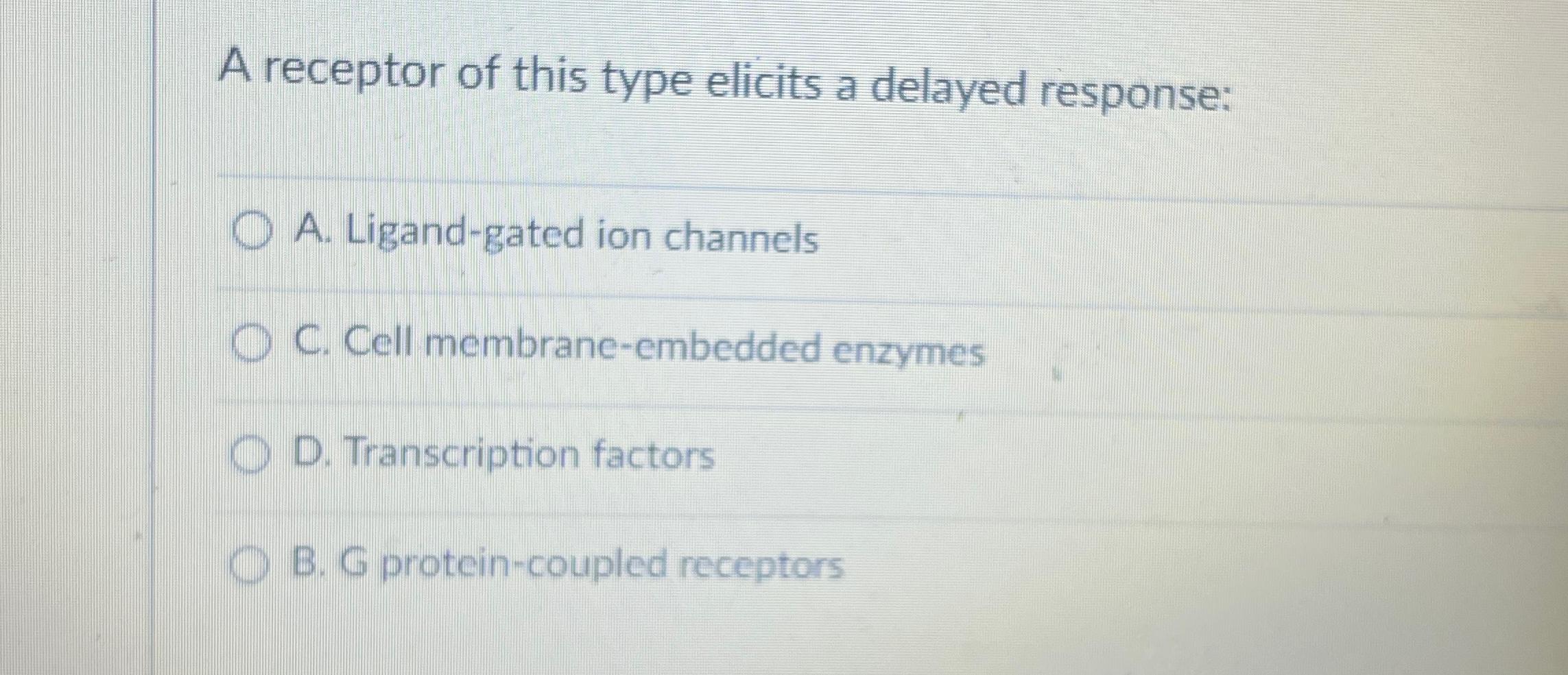Solved A receptor of this type elicits a delayed response:A. | Chegg.com