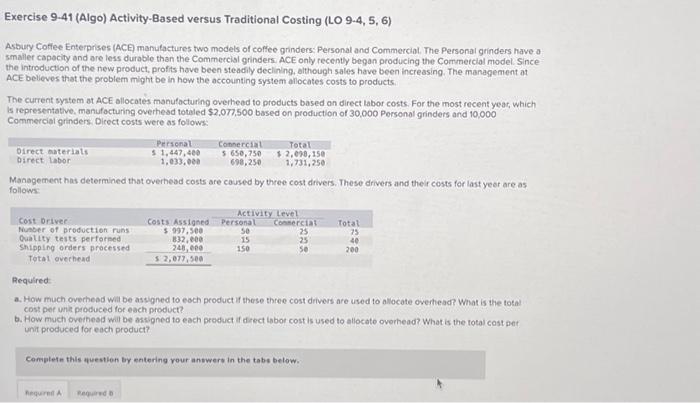 Solved Exercise 9-41 (Algo) Activity-Based versus | Chegg.com