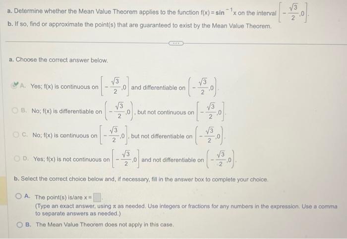 Solved a. Determine whether the Mean Value Theorem applies | Chegg.com