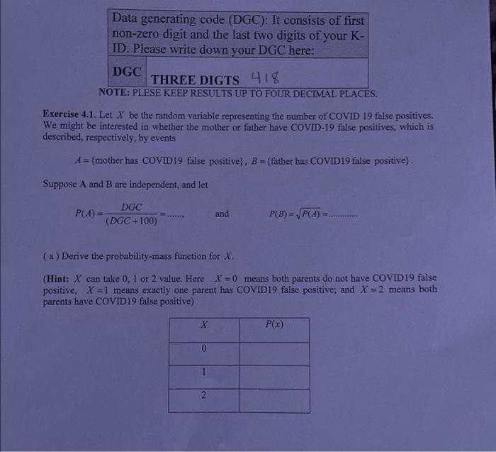 Solved Data Generating Code Dgc It Consists Of First 