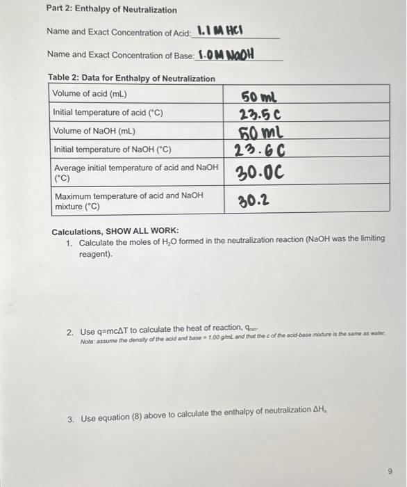 Part 2: Enthalpy of Neutralization Name and Exact | Chegg.com