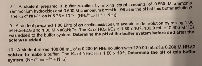 Solved 8. A student prepared a buffer solution by mixing | Chegg.com