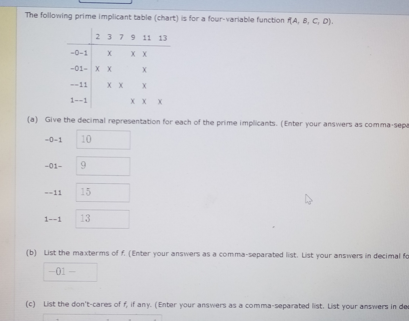 Solved The Following Prime Implicant Table Chart ﻿is For A