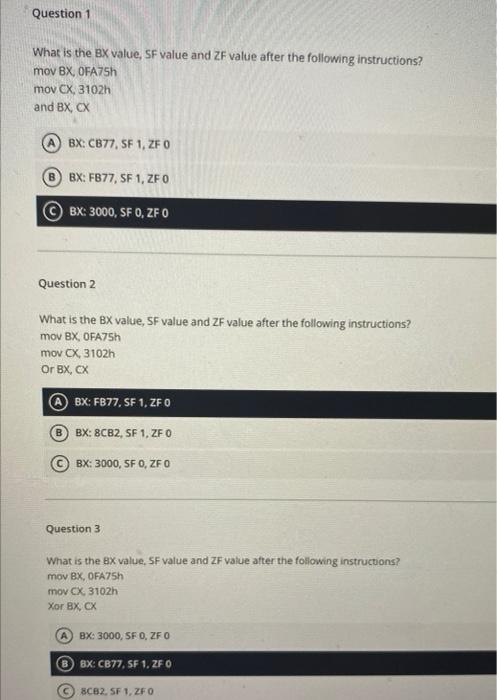 Solved What is the BX value, SF value and ZF value after the | Chegg.com