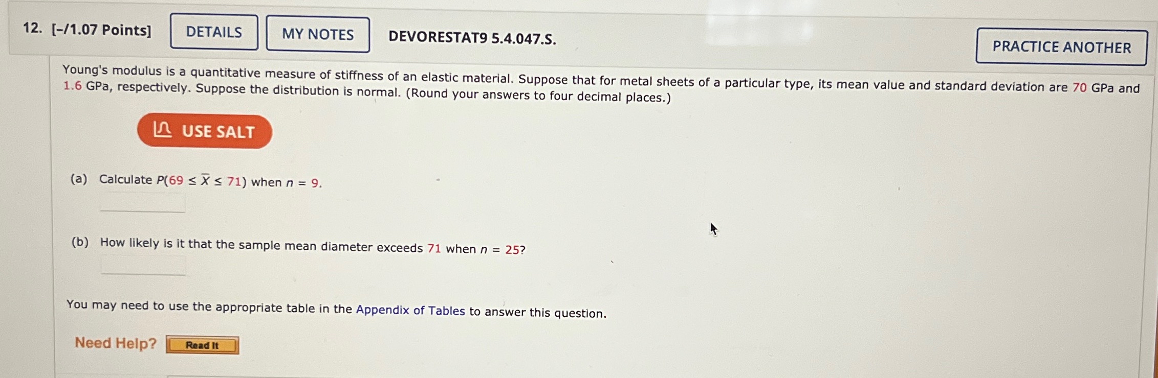 Solved [-/1.07 ﻿Points]DEVORESTAT9 5.4.047.S.Young's modulus | Chegg.com