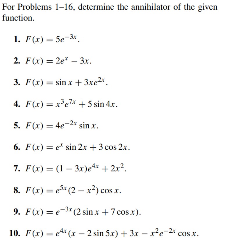 Solved For Problems 1-16, ﻿determine the annihilator of the | Chegg.com