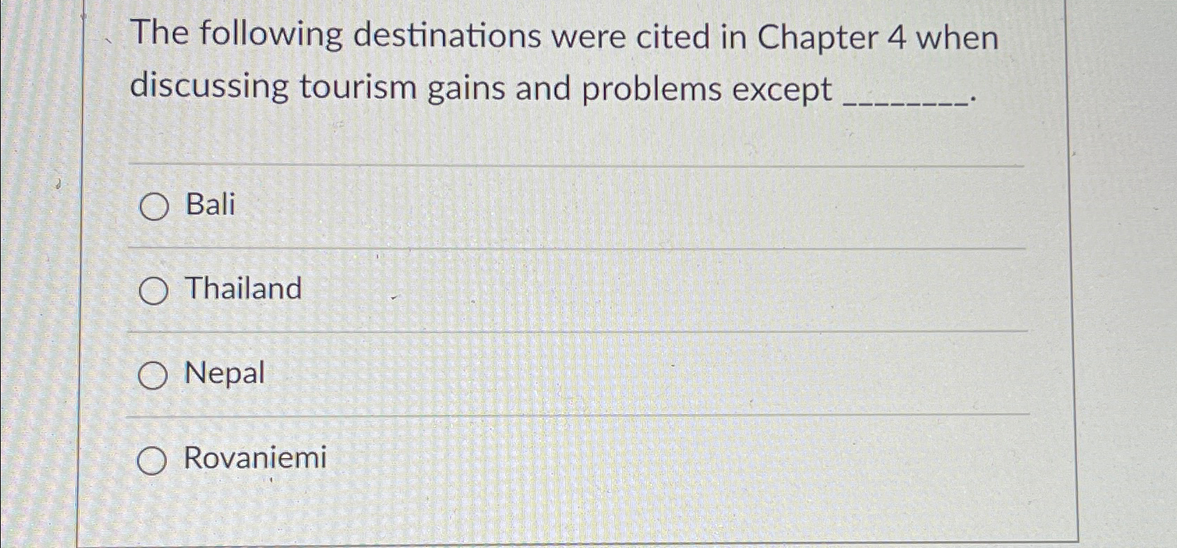 Solved The following destinations were cited in Chapter 4 | Chegg.com