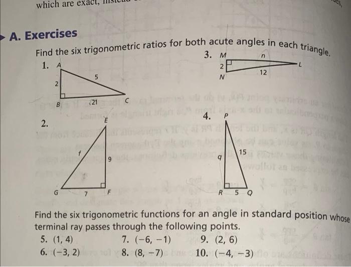 Solved Exercises Find the six trigonometric ratios for both | Chegg.com