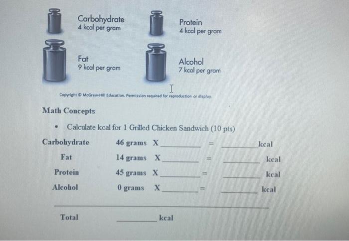 Solved Math Concepts - Calculate kcal for 1 Grilled Chicken | Chegg.com