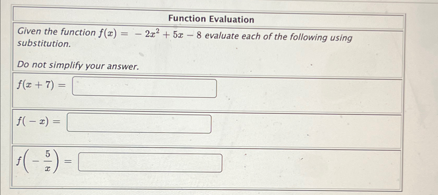 Solved Function EvaluationGiven the function f(x)=-2x2+5x-8 | Chegg.com