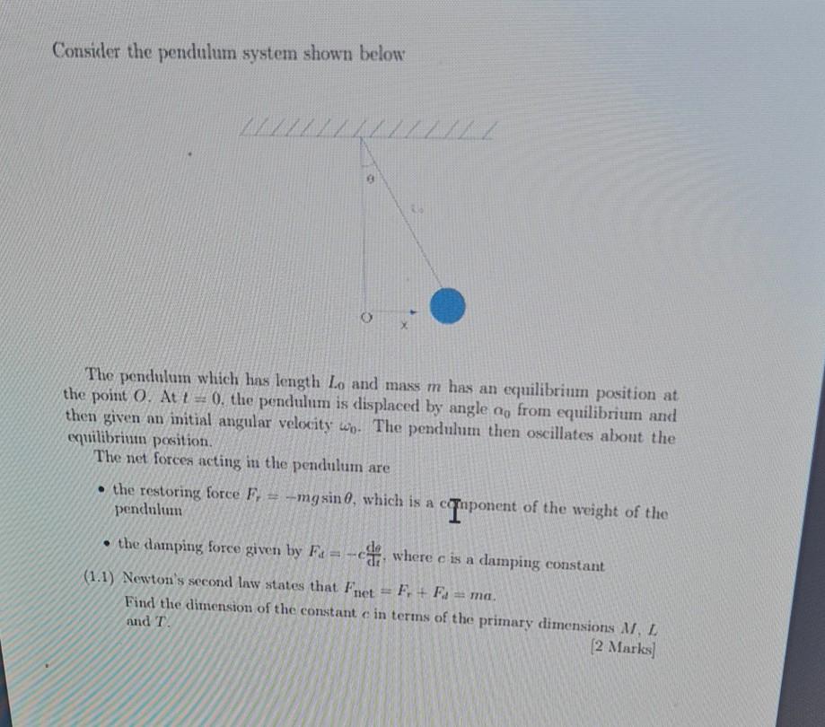 Solved Consider the pendulum system shown below LUX The | Chegg.com