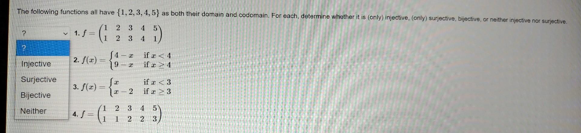 Solved The following functions all have {1,2,3,4,5} as both | Chegg.com