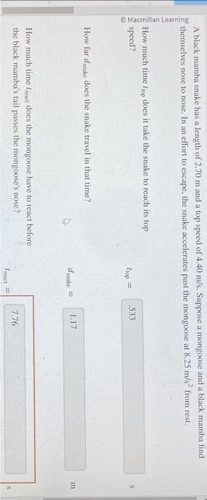Solved A black mamba snake has a length of 2.70 m and a top | Chegg.com