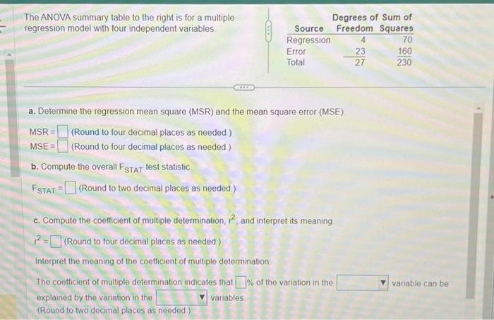 Solved The ANOVA summary table to the right is for a | Chegg.com