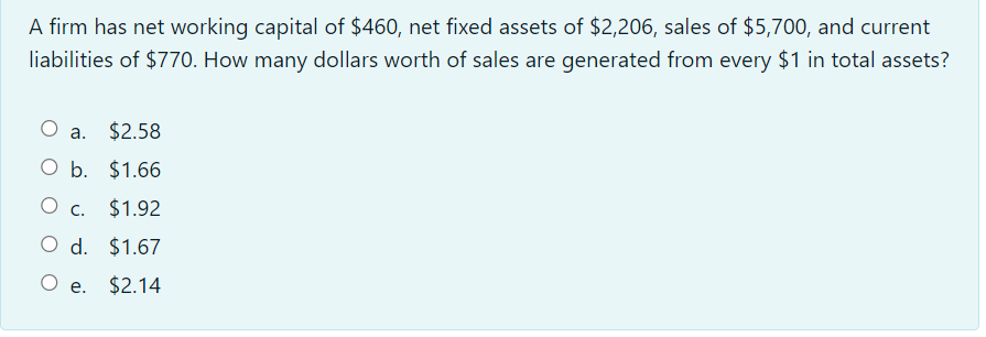 Solved A firm has net working capital of $460, ﻿net fixed | Chegg.com