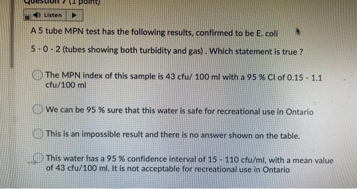Solved A 5 tube MPN test has the following results, | Chegg.com