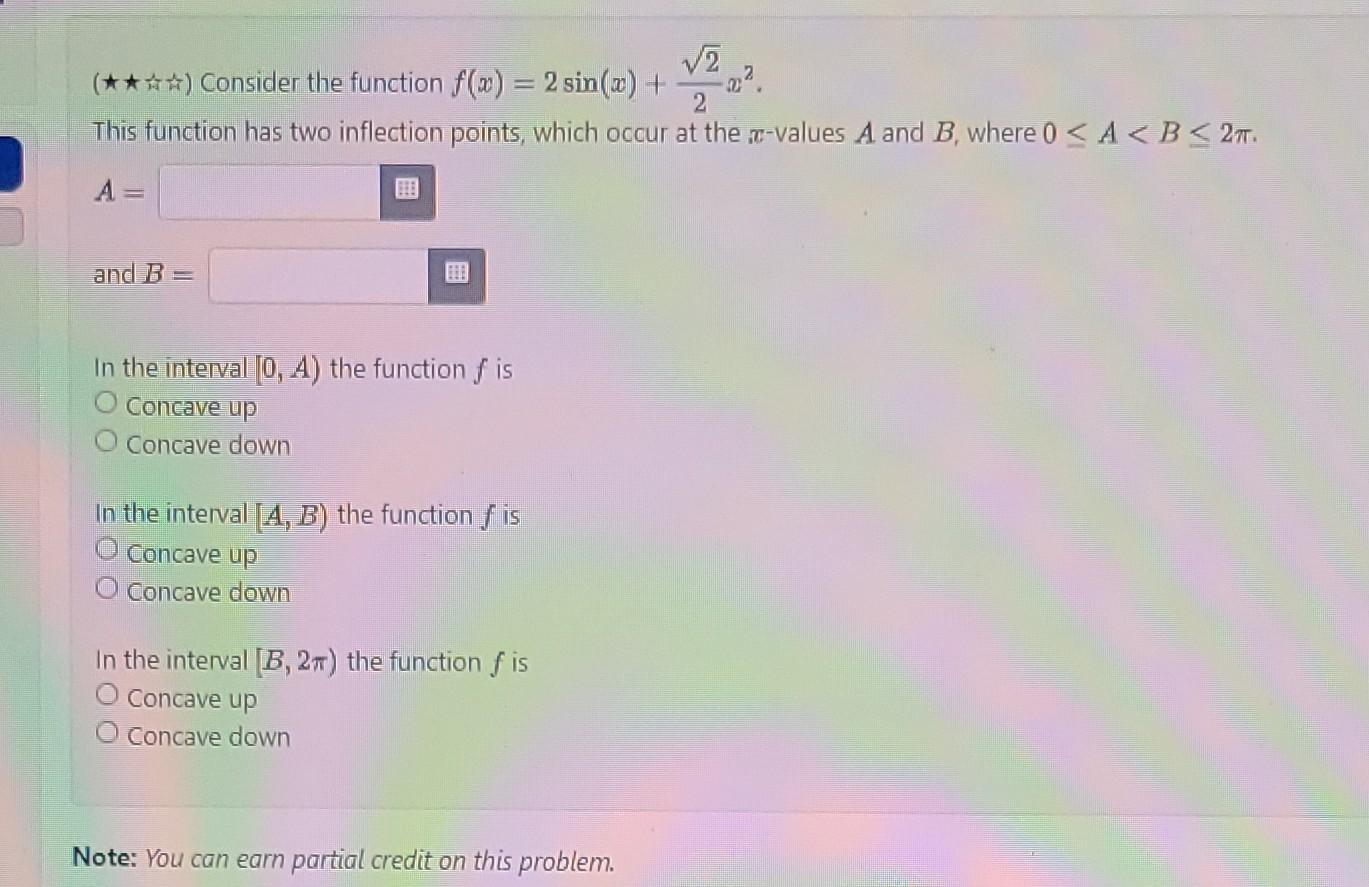 Solved ( ⋆⋆⋆力 各告) Consider the function f(x)=2sin(x)+22x2. | Chegg.com
