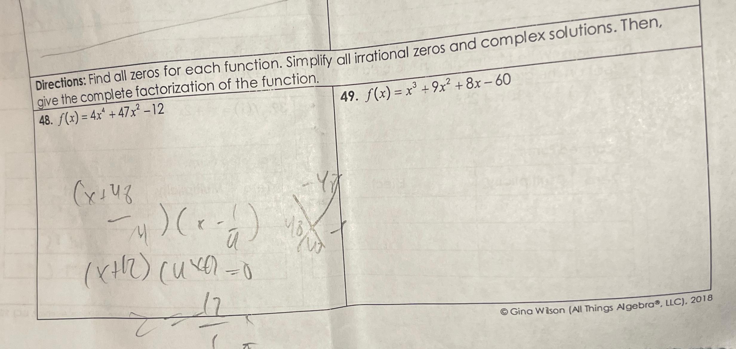 Solved Directions: Find all zeros for each function. | Chegg.com
