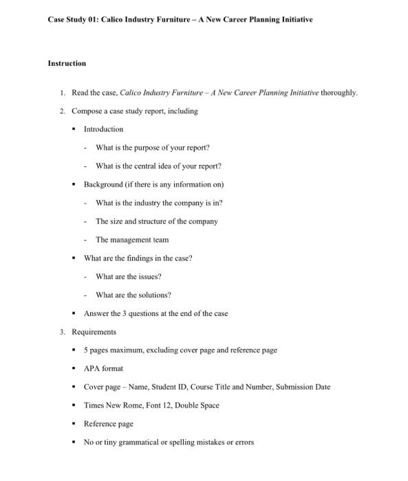 Solved Case Study 01: Calico Industry Furniture - A New | Chegg.com