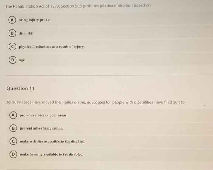 Solved The Rehabilitation Act of 1973, Section 503 prohibits | Chegg.com