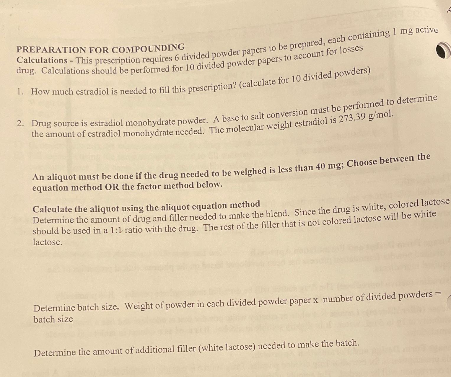 Solved PREPARATION FOR COMPOUNDINGCalculations - ﻿This | Chegg.com