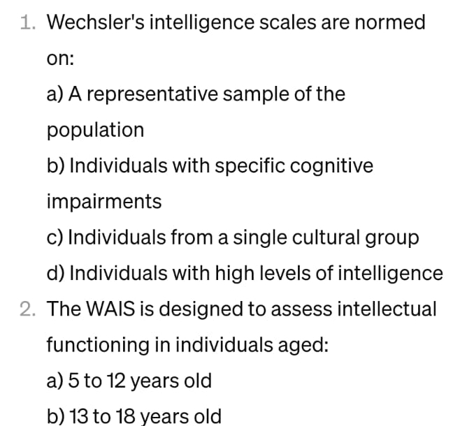 Wechsler's intelligence scales are normed on:a) ﻿A | Chegg.com