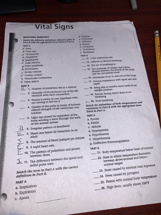 Solved Vital Signs MATCHING EXERCISES Match the following | Chegg.com