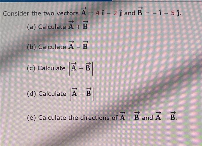Solved onsider the two vectors A=4i^−2j^ and B=−i^−5j^. (a) | Chegg.com
